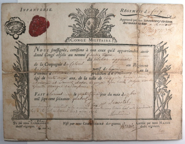 1774 L'Orient France congé militaire Régiment d'Infanterie de Foix ...