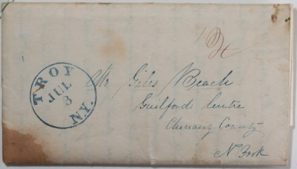 1844 USA Troy NY letter sister to brother in Guilford Center NY ...