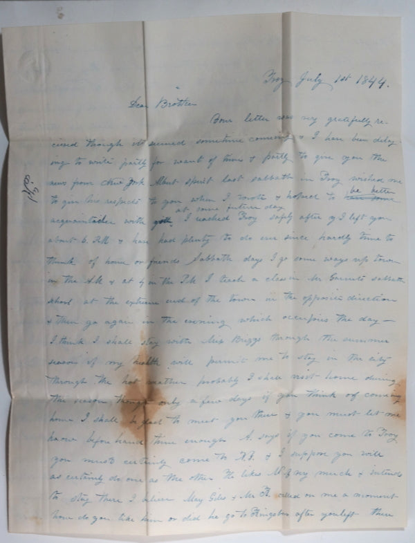 1844 USA Troy NY letter sister to brother in Guilford Center NY ...