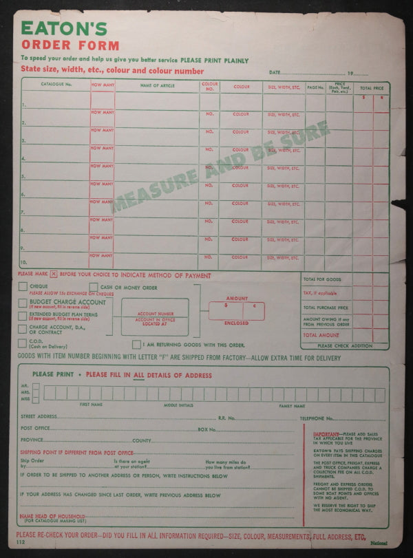 c. 1950s Canada Eaton’s Order Form Charge Account Application (Qt. 2 ...