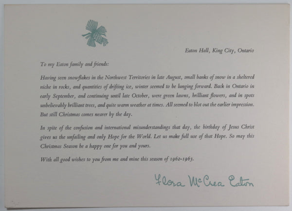 1962 Canada holiday greetings card from Lady Flora McCrea Eaton ...