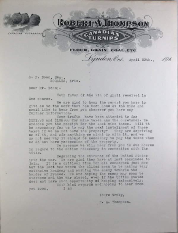 1918 two letters with Canadian Turnips letterhead, Lynden Ontario ...