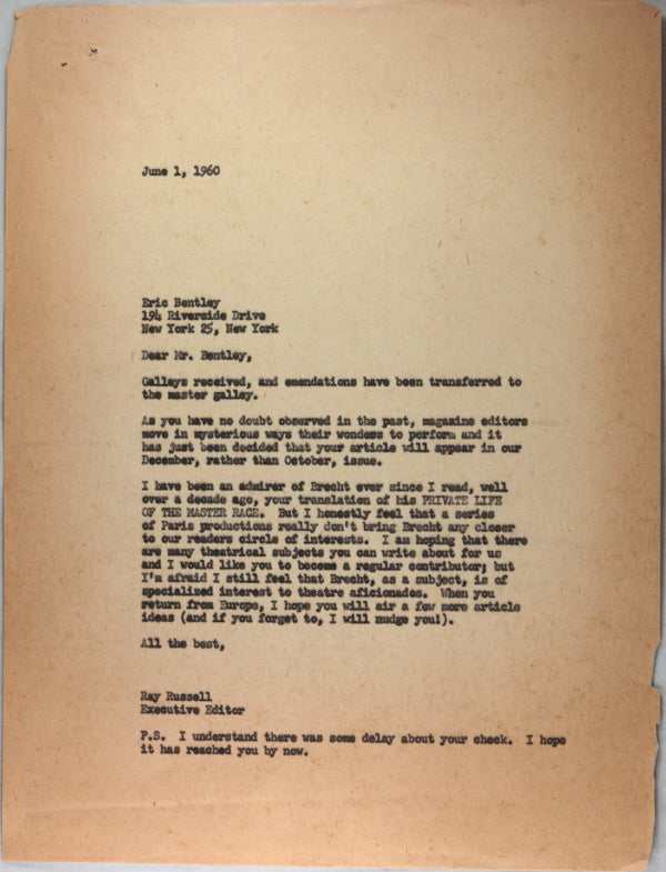 1960 letters between Ray Russell, Playboy Editor, writer Eric Bentley ...
