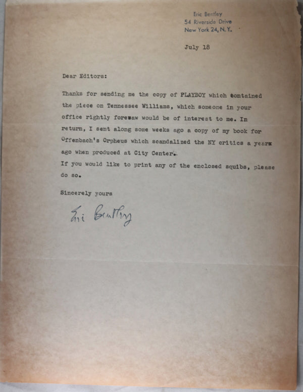 1960 letters between Ray Russell, Playboy Editor, writer Eric Bentley ...