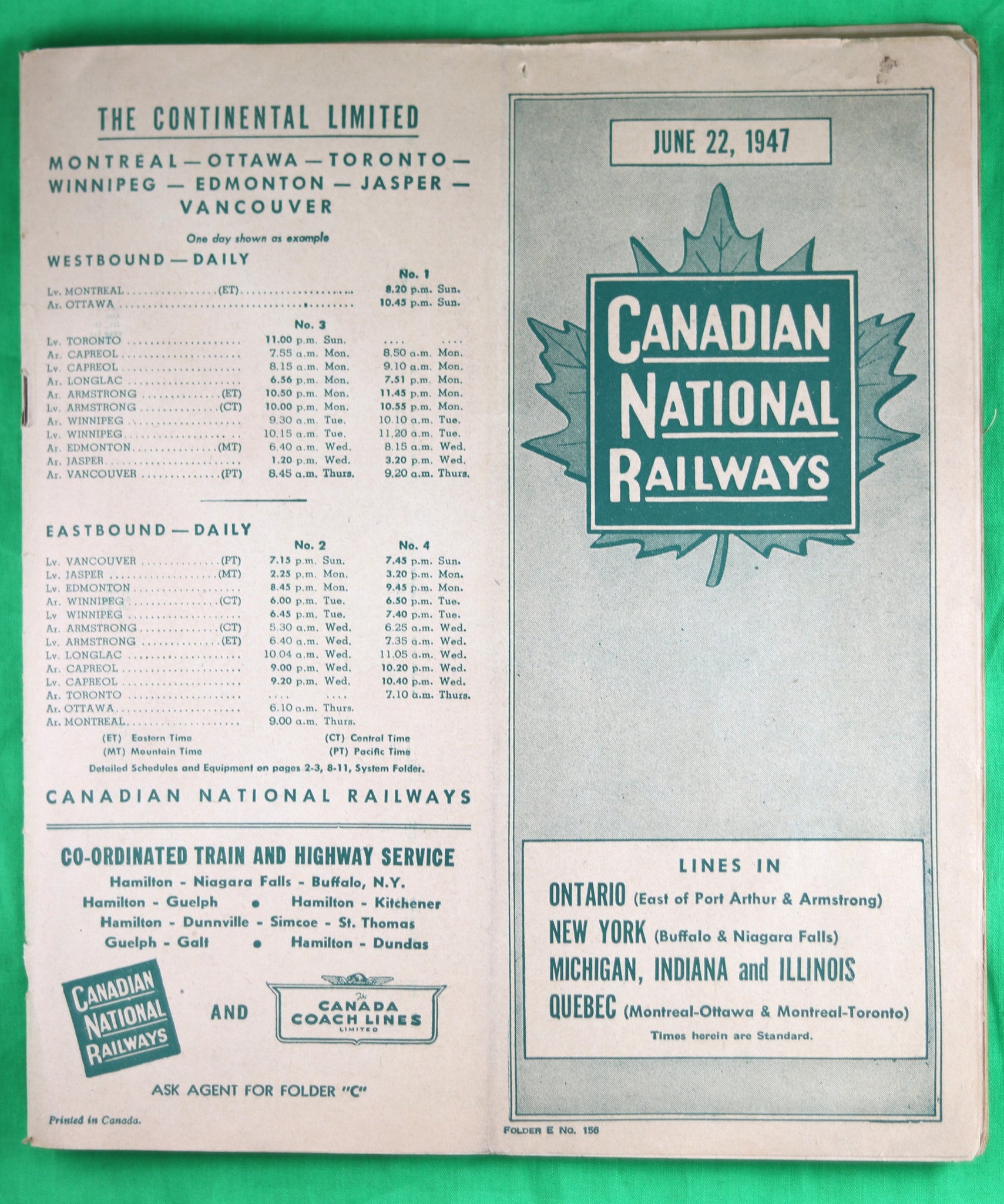June 22 1947 CN Rail schedule - Chadbourne Antiques & Collectibles