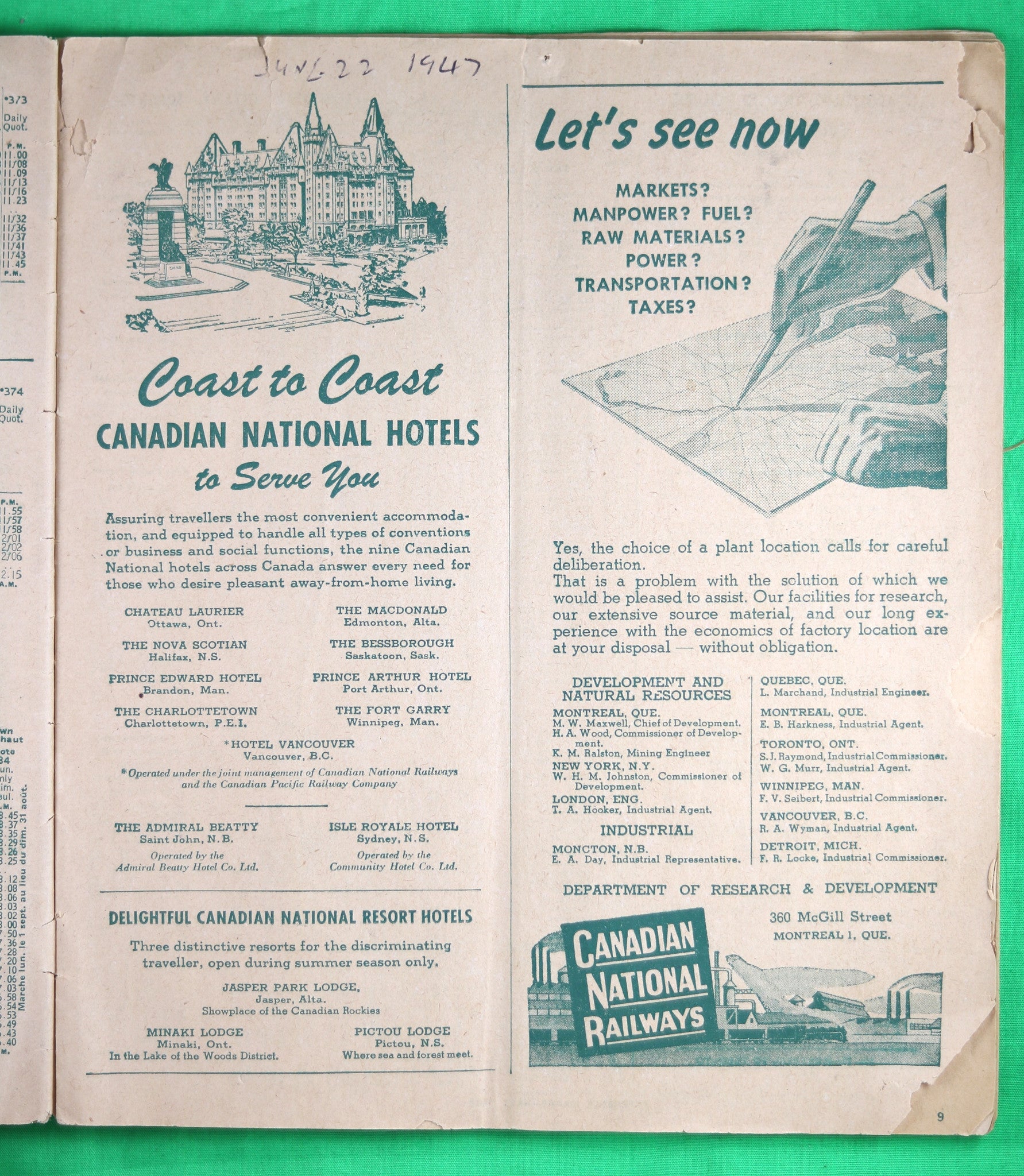 June 22 1947 CN Rail schedule - Chadbourne Antiques & Collectibles
