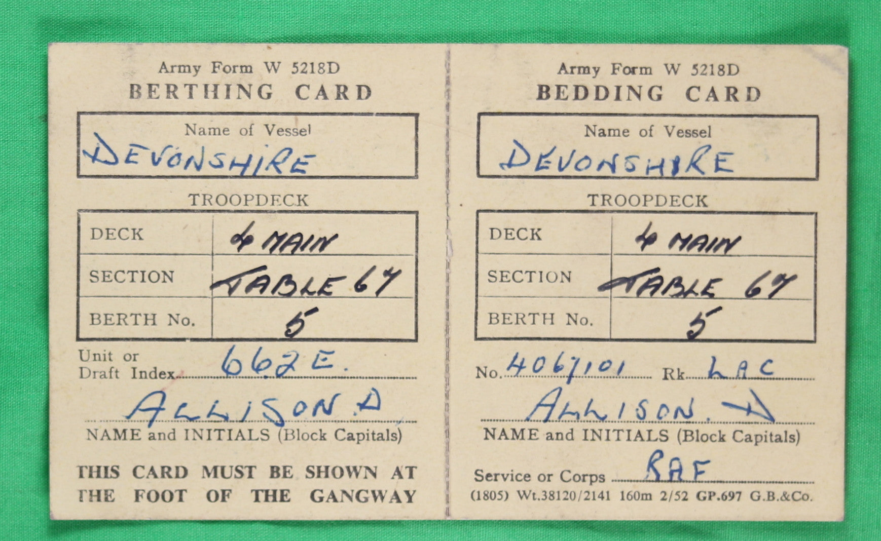 Berthing / Bedding cards RAF on troopship “Devonshire” - Chadbourne ...