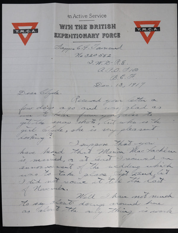 WW1 1917 letter to RFC pilot in Canada from Engineer-Sapper, UK #8 ...