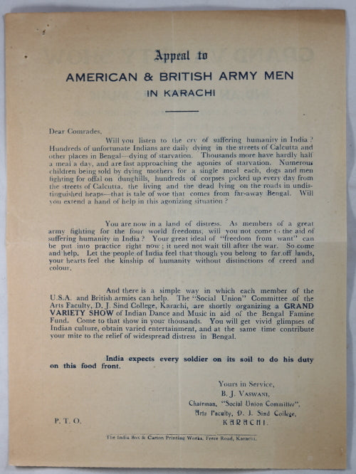 WW2 1943 invitation British & American troops Charity Show India ...